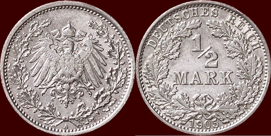 ½ Mark GERMANY - DEUTSCHES REICH - WILHELM II, 1888-1918 - 1905 A, Berlin VF / pr à aEF | MA-Shops