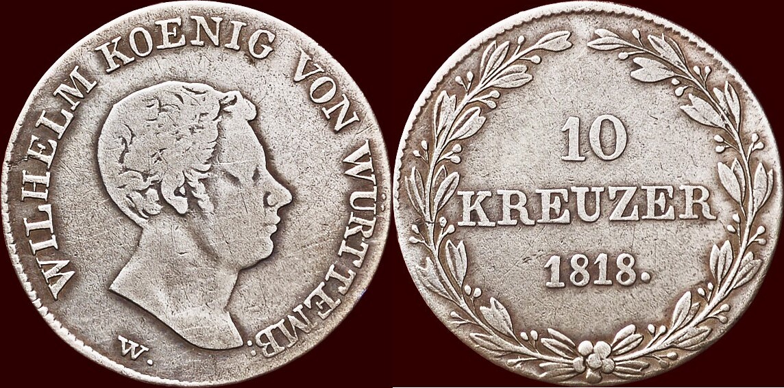 10 Kreuzer 1818 W GERMANY - WÜRTEMBERG, KÖNIGREICH - WILHELM I, 1816 ...