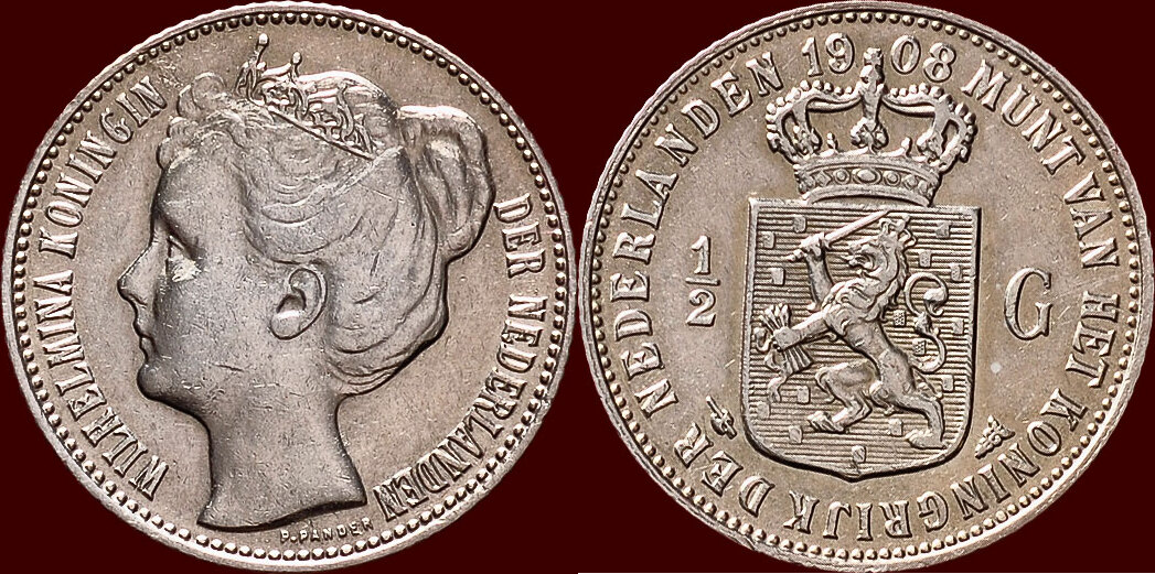 Koninkrijk der Nederlanden ½ Gulden 1908 NEDERLAND (NETHERLANDS, KINGDOM) - WILHELMINA, 1890 ...