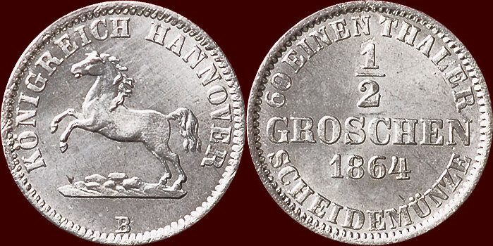 Groschen GERMANY - HANNOVER, KÖNIGREICH - GEORG V, 1851-1866 - ½ 1864 B ...