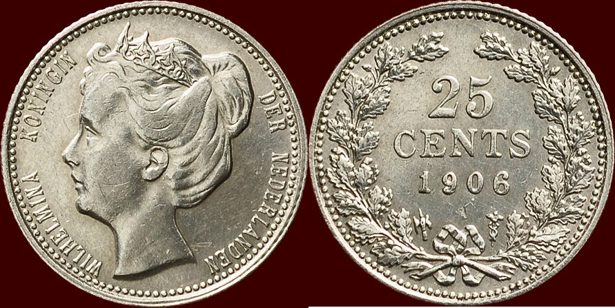 Koninkrijk der Nederlanden 25 Cents 1906 NEDERLAND (NETHERLANDS, KINGDOM) - WILHELMINA, 1890 ...