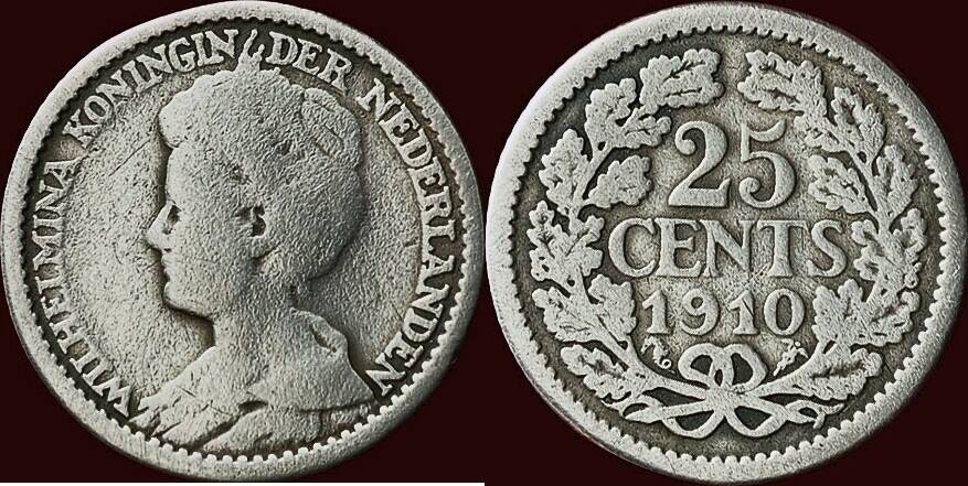 Koninkrijk der Nederlanden 25 Cents 1910 NEDERLAND (NETHERLANDS, KINGDOM) - WILHELMINA, 1890 ...