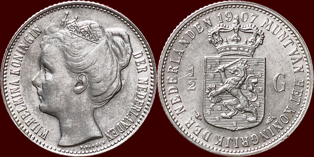 Koninkrijk der Nederlanden 1907 NEDERLAND (NETHERLANDS, KINGDOM) - WILHELMINA, 1890-1948 - ½ ...