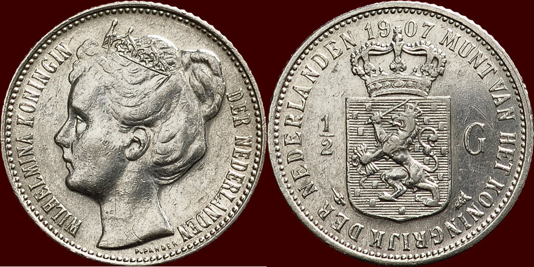 Koninkrijk der Nederlanden 1907 NEDERLAND (NETHERLANDS, KINGDOM) - WILHELMINA, 1890-1948 - ½ ...