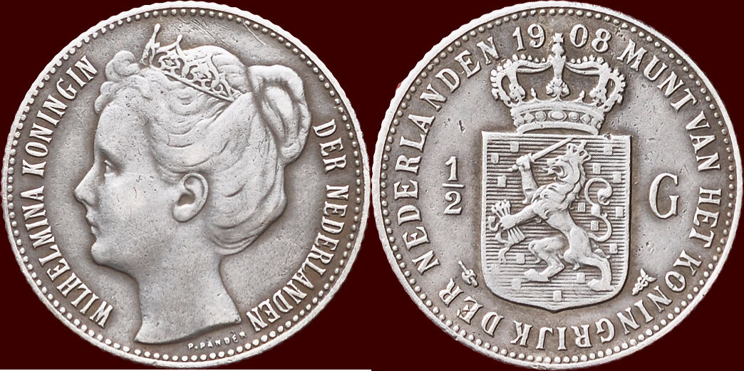 Koninkrijk der Nederlanden 1908 NEDERLAND (NETHERLANDS, KINGDOM) - WILHELMINA, 1890-1948 - ½ ...