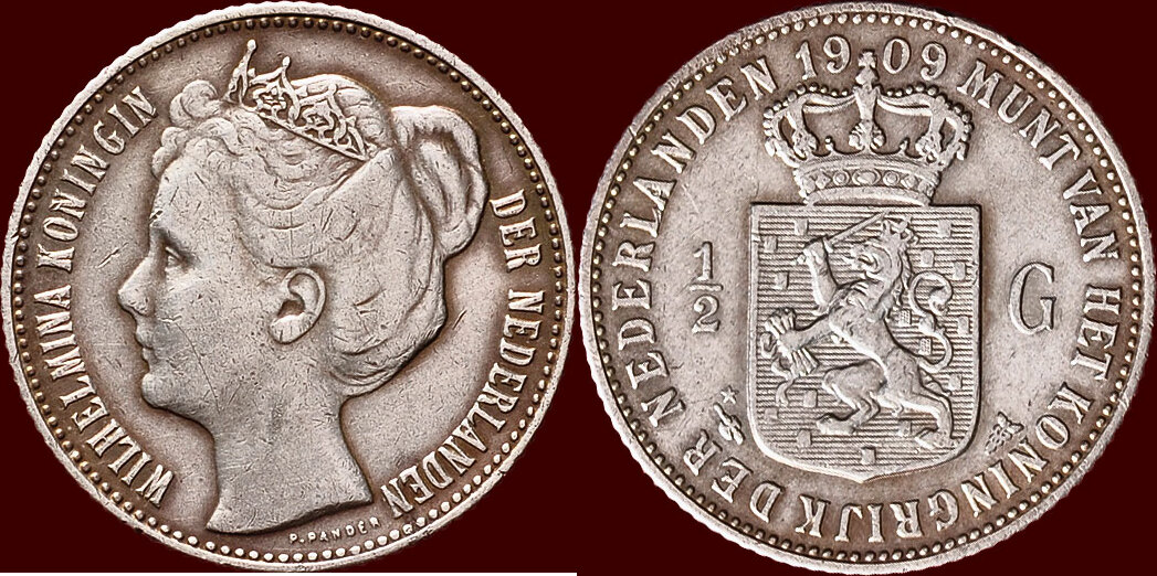 Koninkrijk der Nederlanden ½ Gulden 1909 NEDERLAND (NETHERLANDS, KINGDOM) - WILHELMINA, 1890 ...