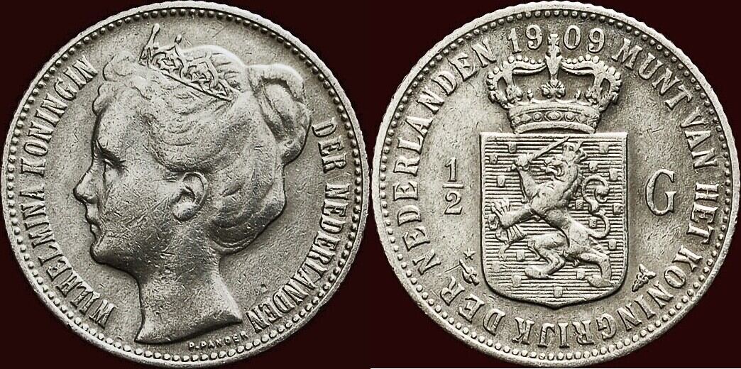 Koninkrijk der Nederlanden 1909 NEDERLAND (NETHERLANDS, KINGDOM) - WILHELMINA, 1890-1948 - ½ ...