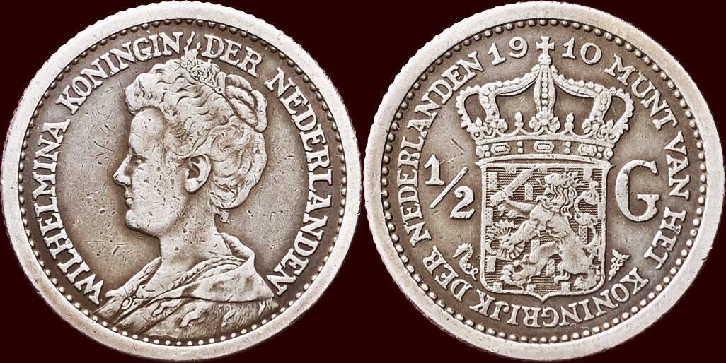 Koninkrijk der Nederlanden 1910 NEDERLAND (NETHERLANDS, KINGDOM) - WILHELMINA, 1890-1948 - ½ ...