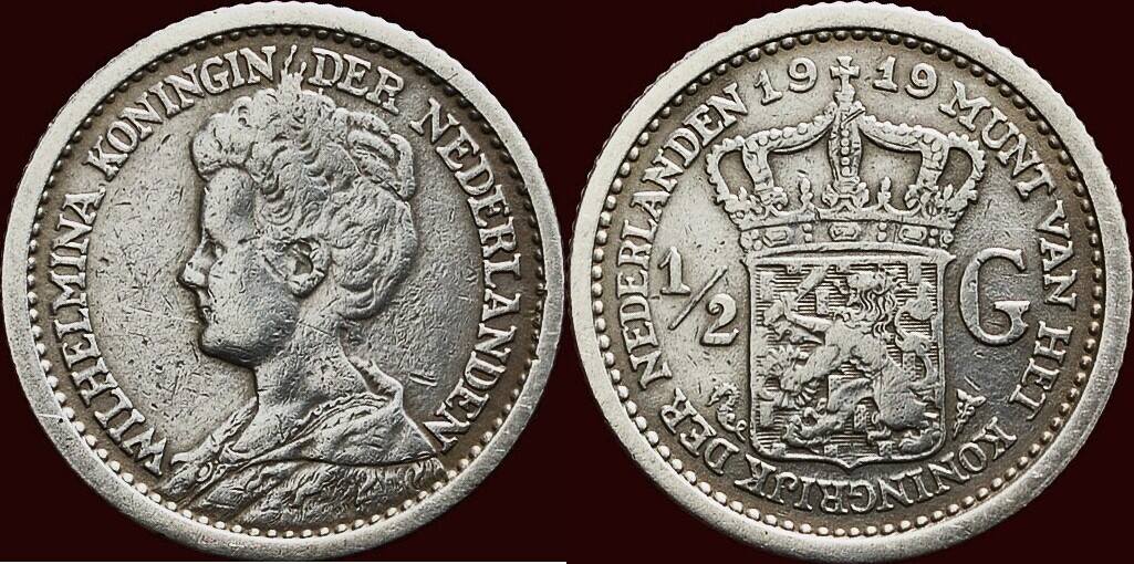 Koninkrijk der Nederlanden ½ Gulden 1919 NEDERLAND (NETHERLANDS, KINGDOM) - WILHELMINA, 1890 ...