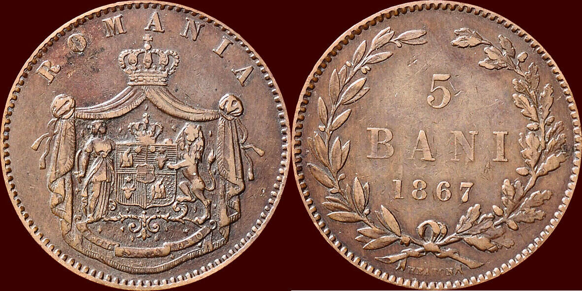 5 Bani ROMANIA, KINGDOM - CAROL I, 1866-1914 - 1867, Heaton Mint ...