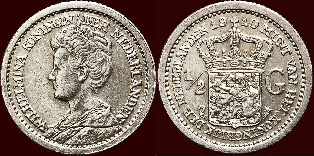 Koninkrijk der Nederlanden ½ Gulden 1910 NEDERLAND (NETHERLANDS, KINGDOM) - WILHELMINA, 1890 ...