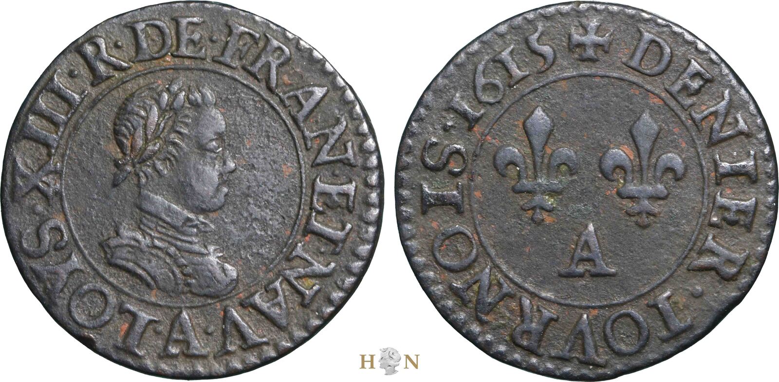 France denier tournois 1615 AD Louis XIII (1610-1643), Paris, VF+ | MA ...