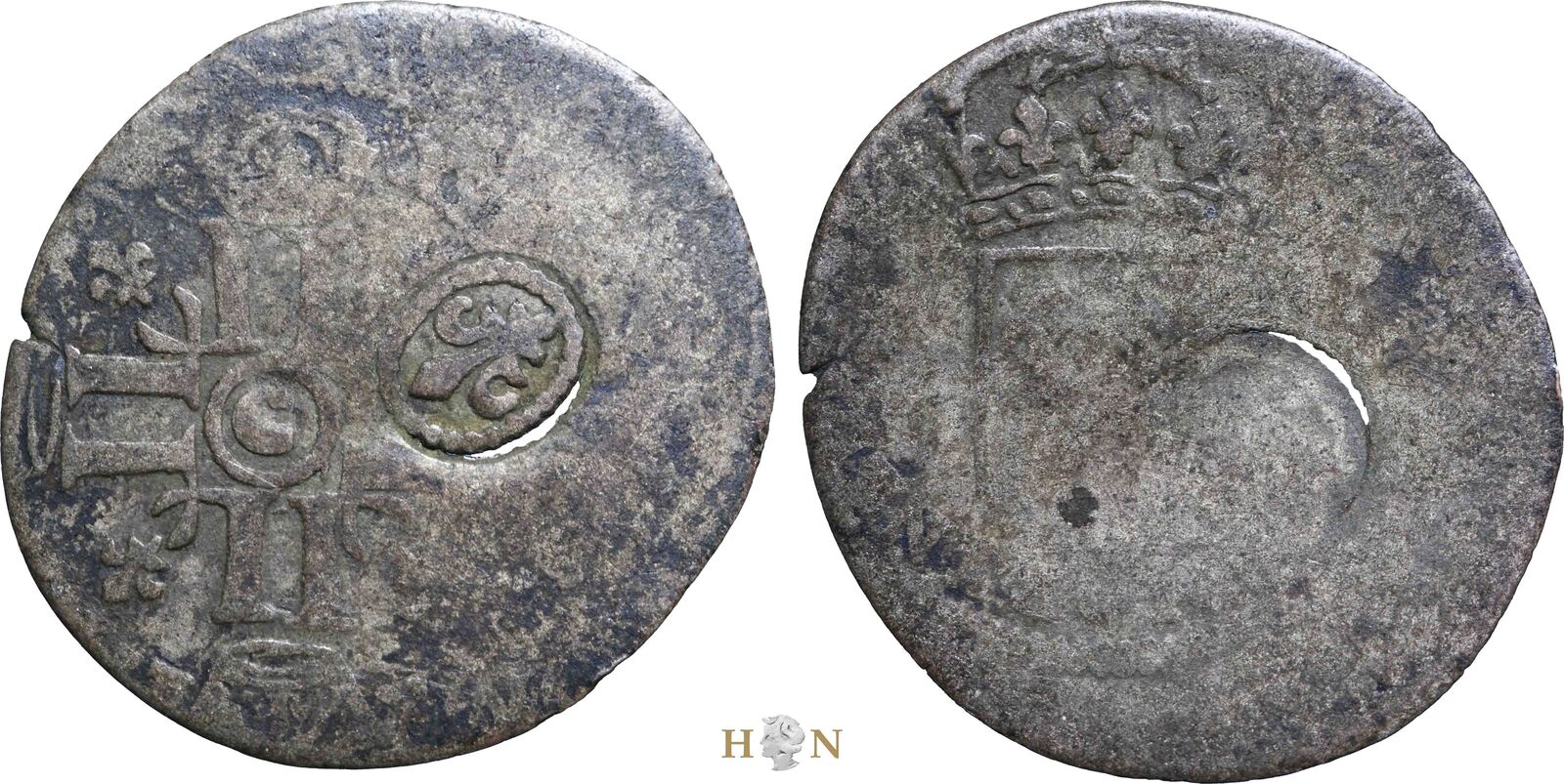 France 15 deniers 1692-1705 AD Louis XIV (1643-1715), with countermark ...