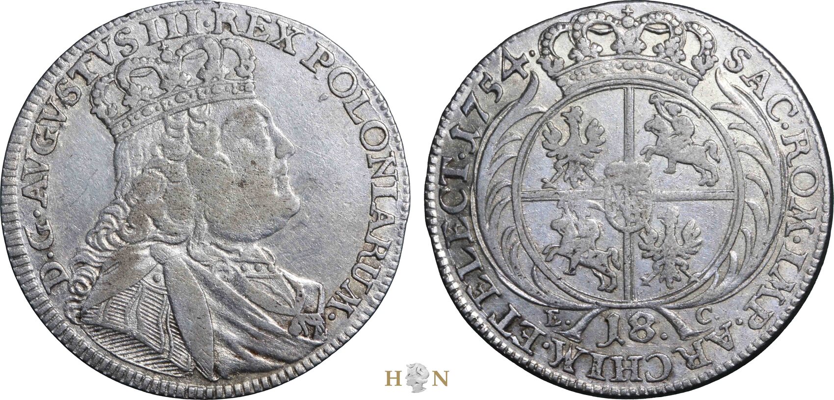 Polish–Lithuanian Commonwealth 18 groszy | ort 1754 AD Augustus III ...