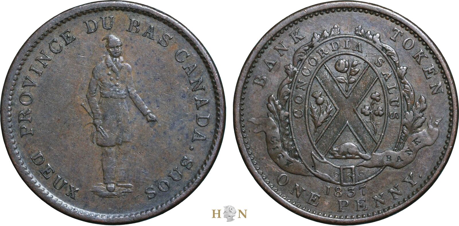 Canada, Lower Canada penny | 2 sous 1837 AD Quebec bank, EF- | MA-Shops