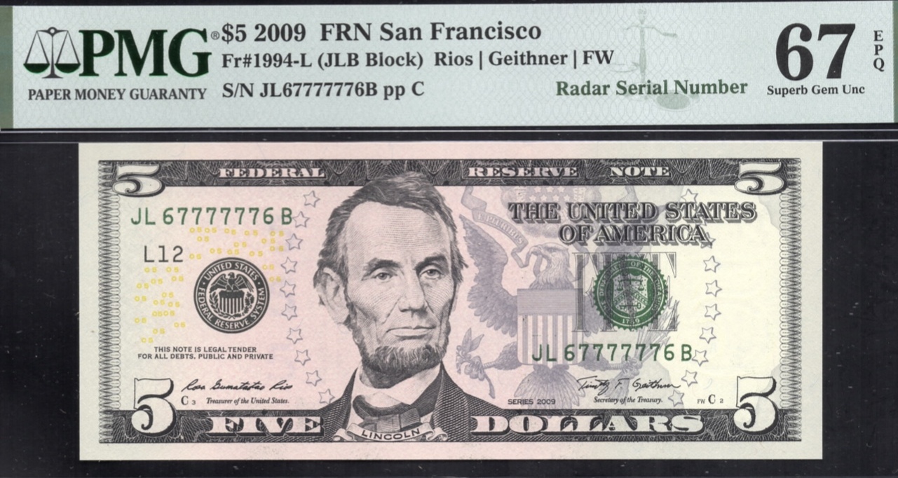 United States 5 Dollars 2009 Beautiful radar number. PMG 67 EPQ | MA-Shops