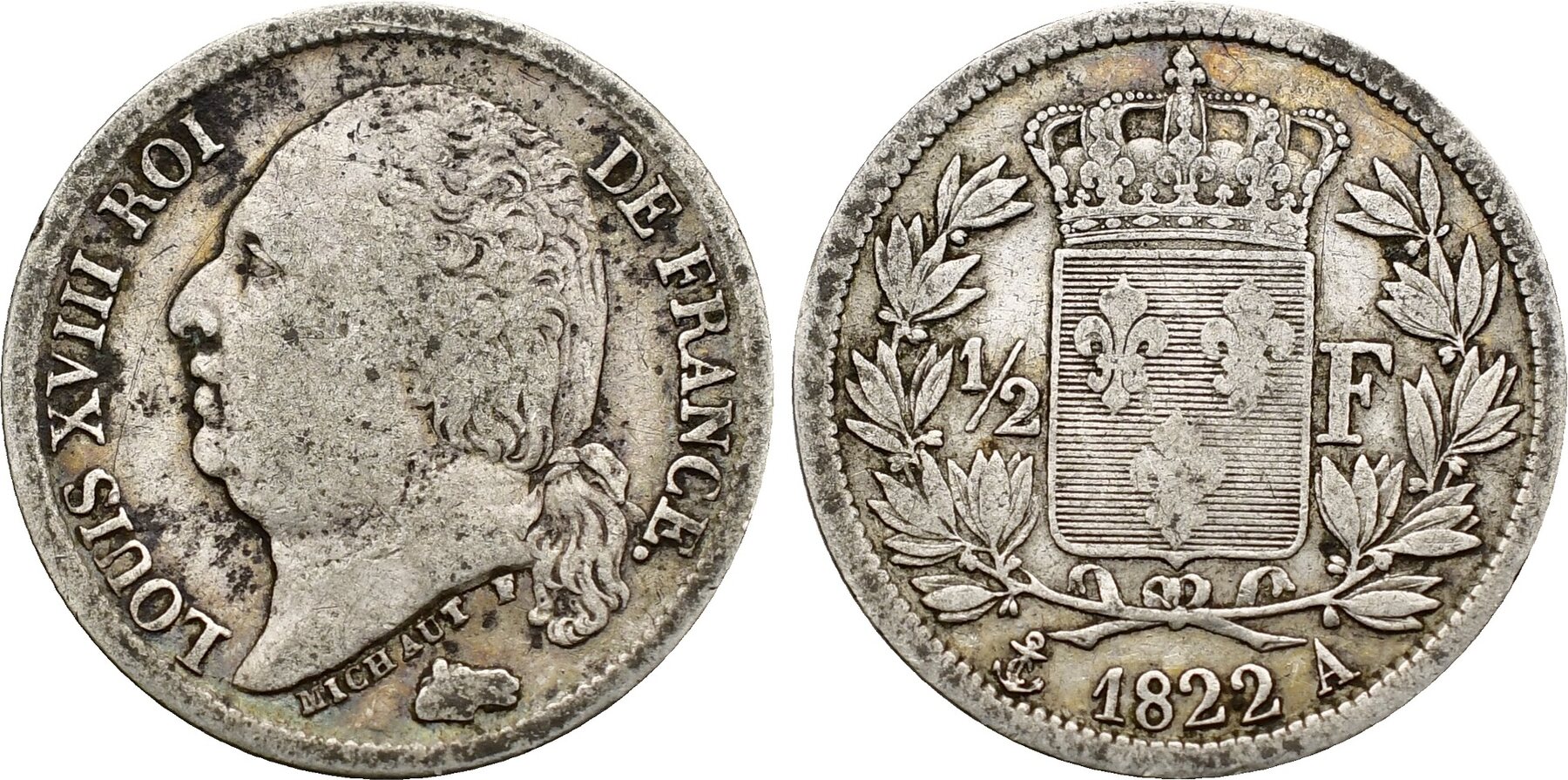 France 1/2 Franc 1822 A Louis XVIII VF | MA-Shops
