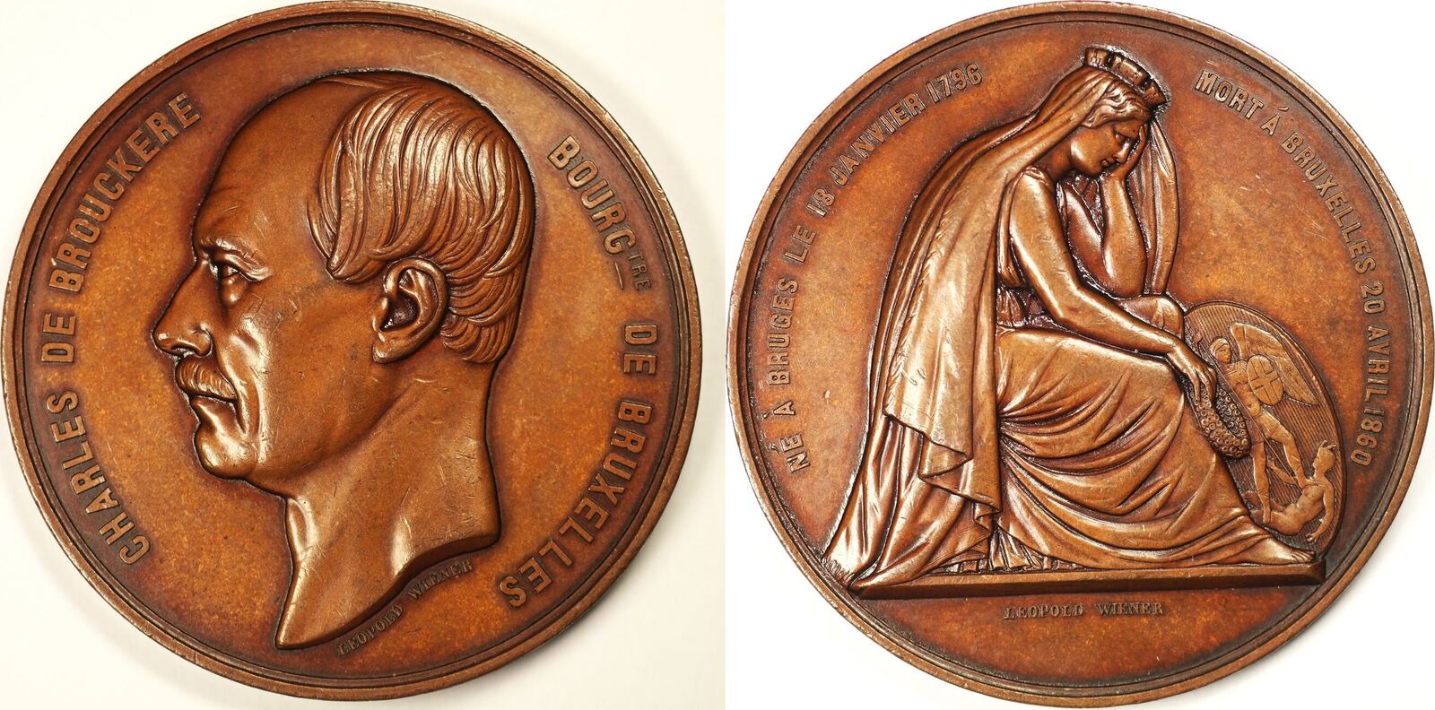 Belgium Medal 1860 Charles de Brouckere - Mayjor Brussel- L. Wiener EF ...