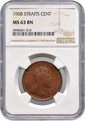 1 cent 1908 Edward VII Straits Settlements NGC MS 63 BN BU | MA-Shops