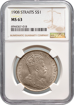 1 dollar 1908 Edward VII Straits Settlements NGC MS 63 BU | MA-Shops