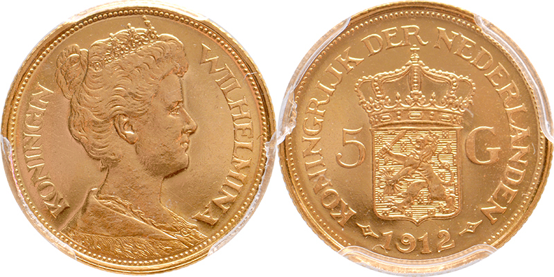 The Netherlands 5 gulden goud 1912 Wilhelmina PCGS PR 63 Proof | MA-Shops