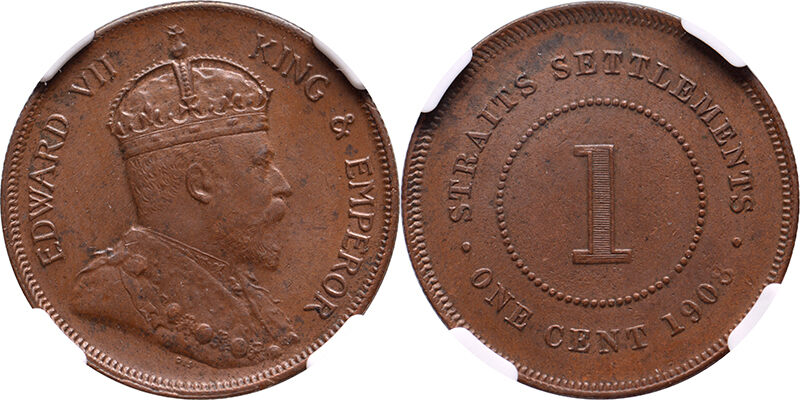 1 cent 1908 Edward VII Straits Settlements NGC MS 63 BN BU | MA-Shops