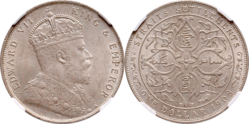 1 dollar 1908 Edward VII Straits Settlements NGC MS 63 BU | MA-Shops