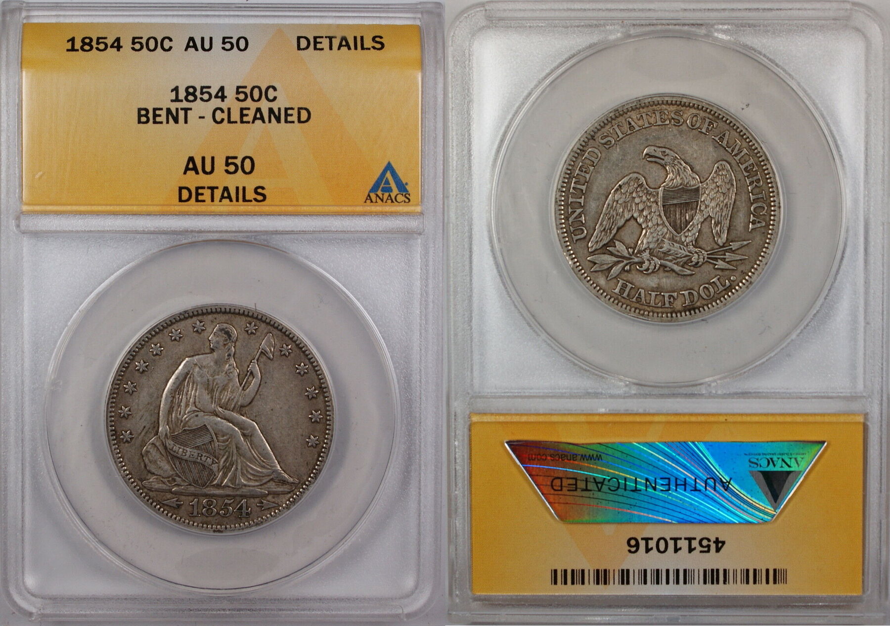 USA Half Dollar 1854 Seated Liberty Silver ANACS AU-50 Details Bent ...