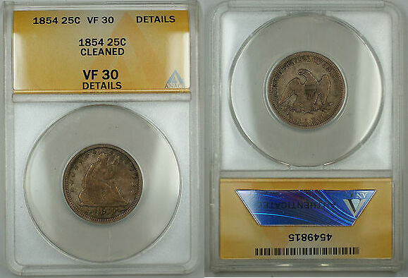 USA Quarter 1854 Seated Liberty Silver 25c ANACS VF-30 Details (Cleaned ...