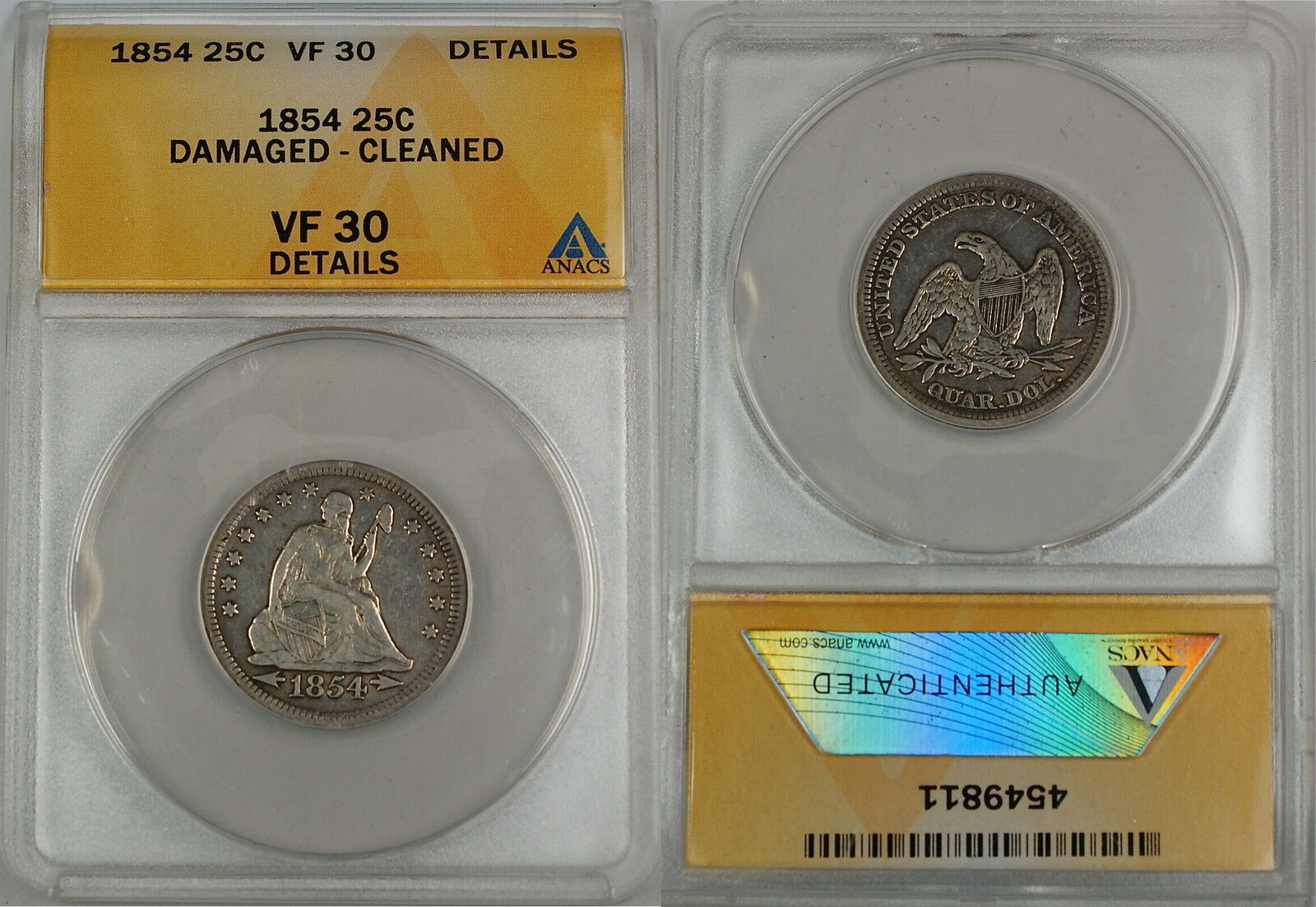 USA Quarter 1854 Seated Liberty Silver ANACS VF-30 Details - Damaged ...