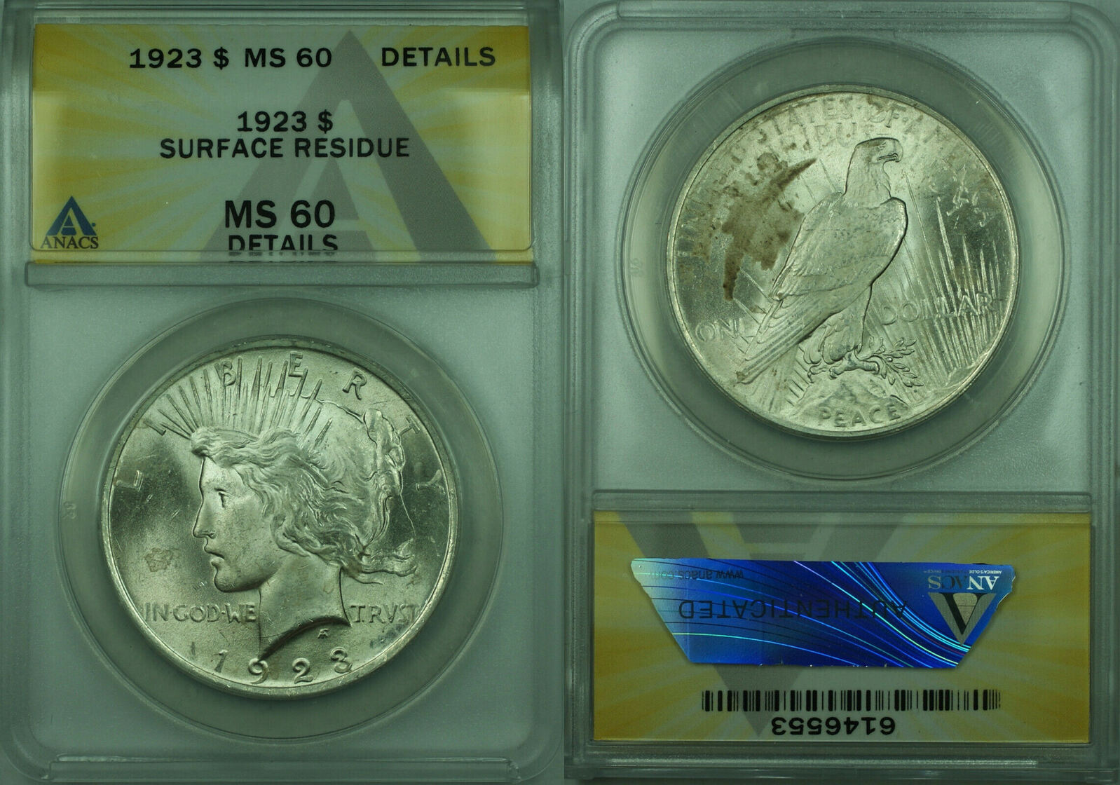 USA $1 Coin 1923 Peace Silver Dollar ANACS MS-60 Details Better Coin (28) A ANACS MS-60 Details ...