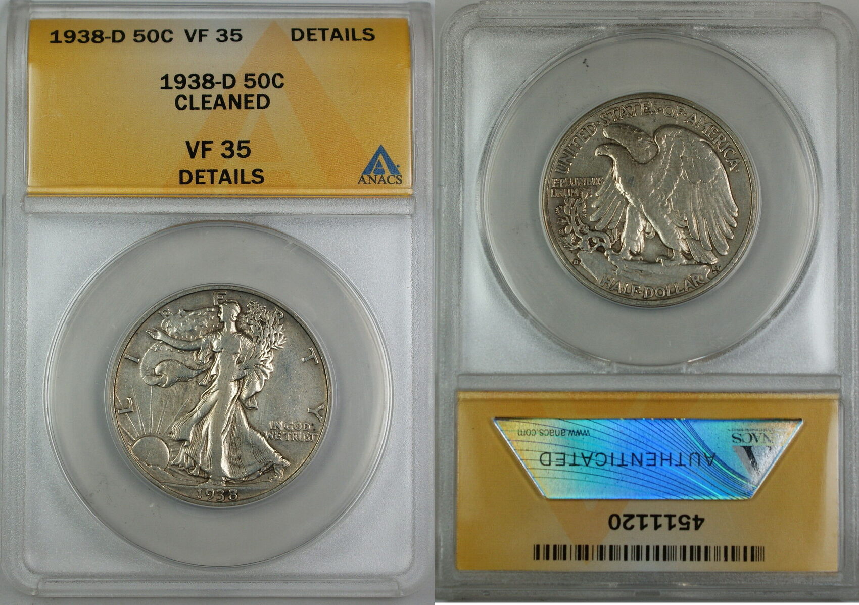 US CoinsHalf DollarsLiberty Walking (1916-47) 1938-D Walking Liberty ...