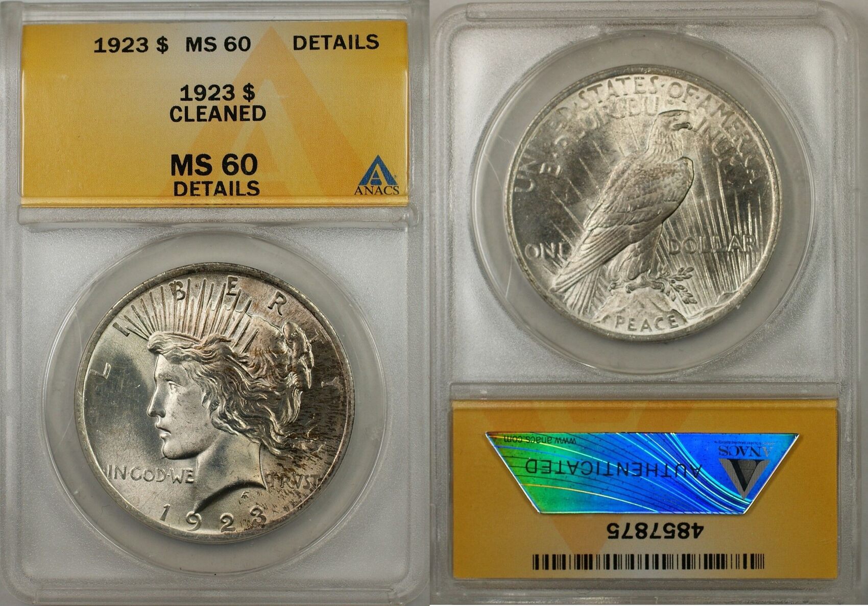 USA 1923 $ 1923 $1 Peace Silver Coin ANACS MS-60 Toned GEM Details Cleaned (Better Coin 8B) In ...