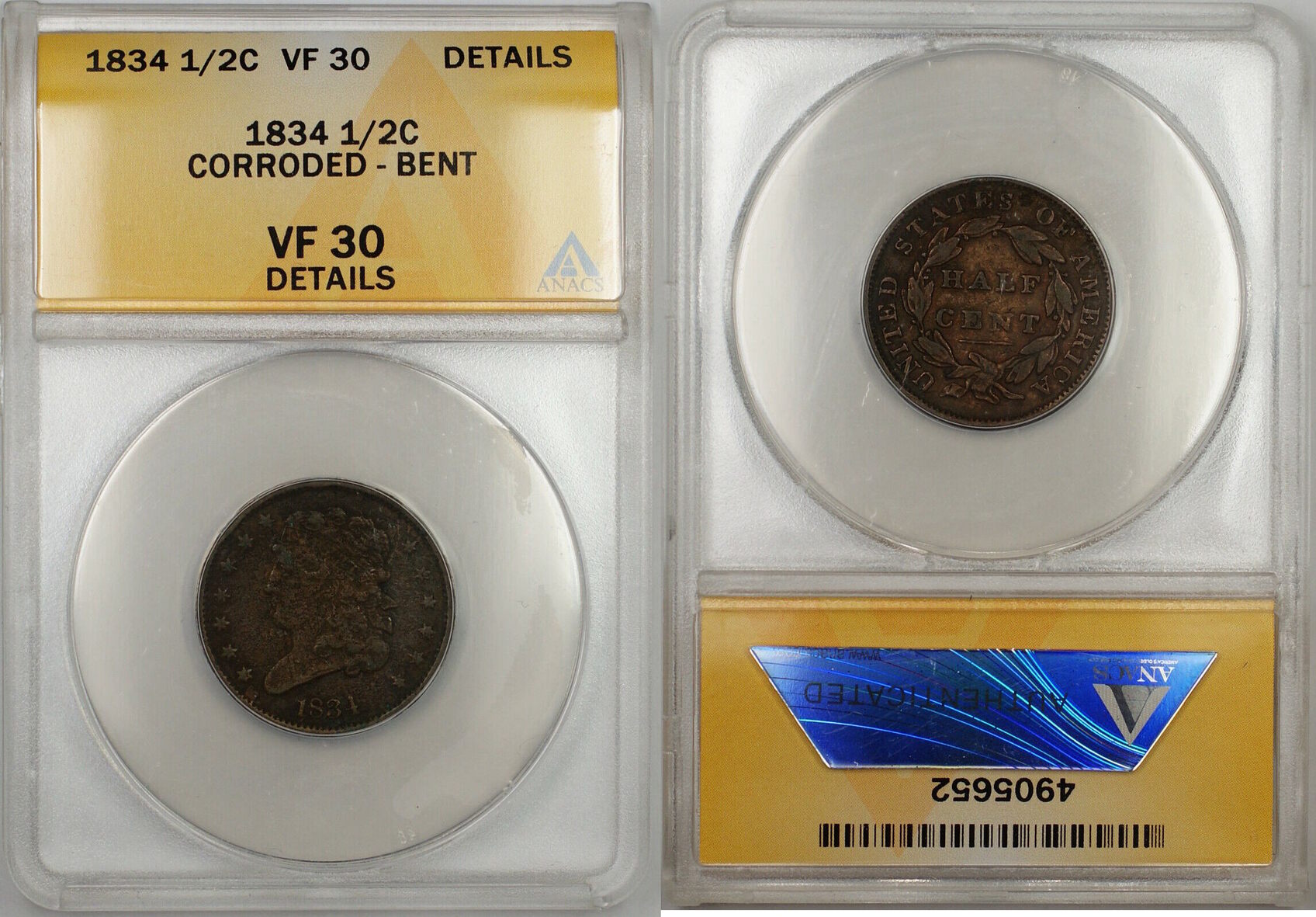 USA Half Cent 1834 Classic Head 1/2c Coin ANACS VF-30 Details Corroded ...