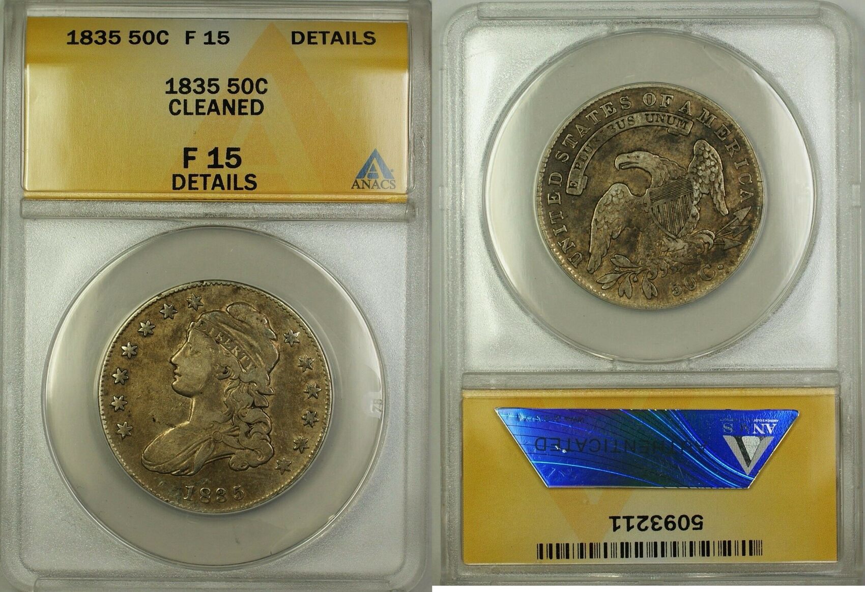 USA Half Dollar 1835 Capped Bust Silver 50c Coin ANACS F-15 Details ...