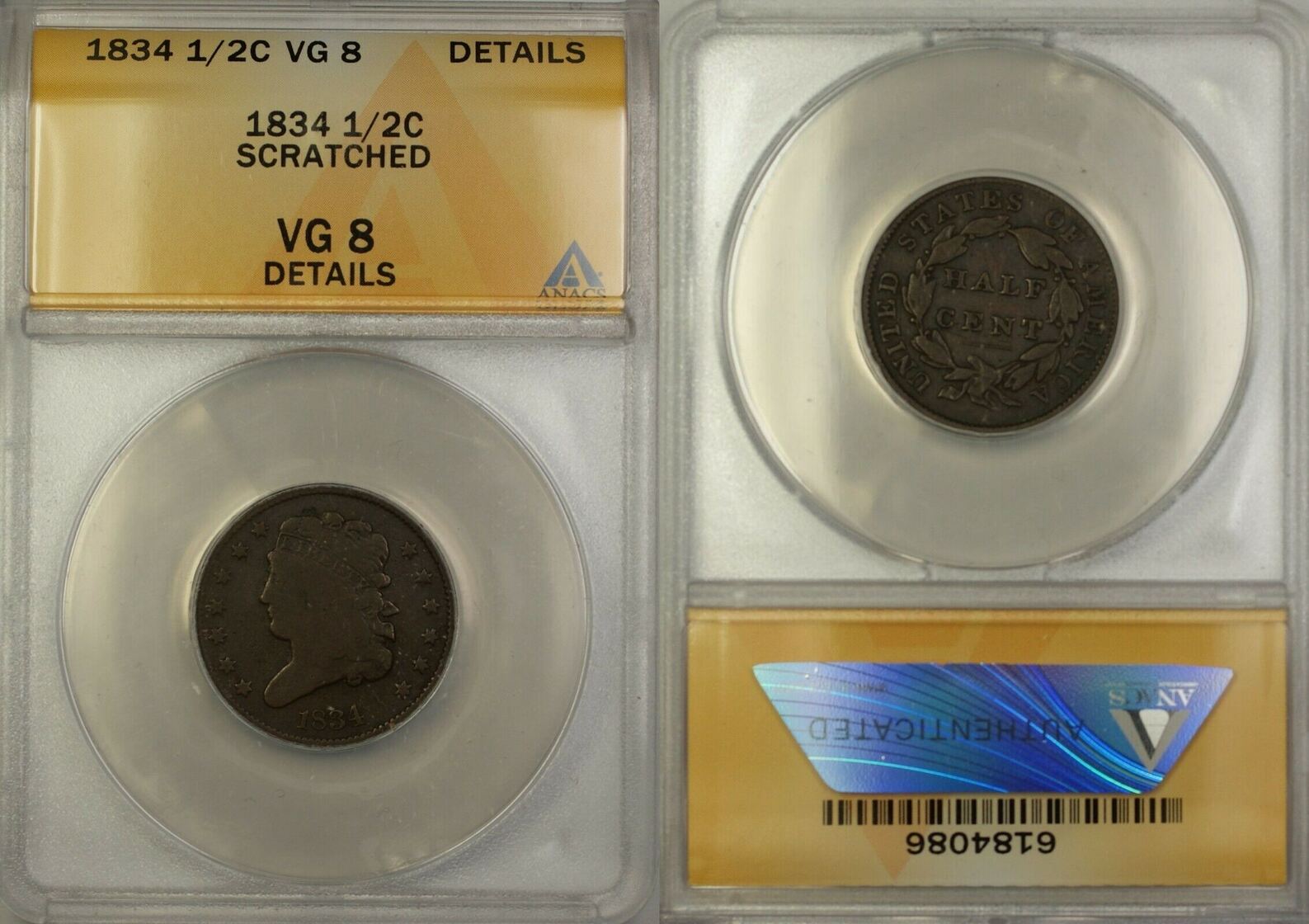 USA Half Cent 1834 Classic Head 1/2c Coin ANACS VG-8 Details Scratched ...