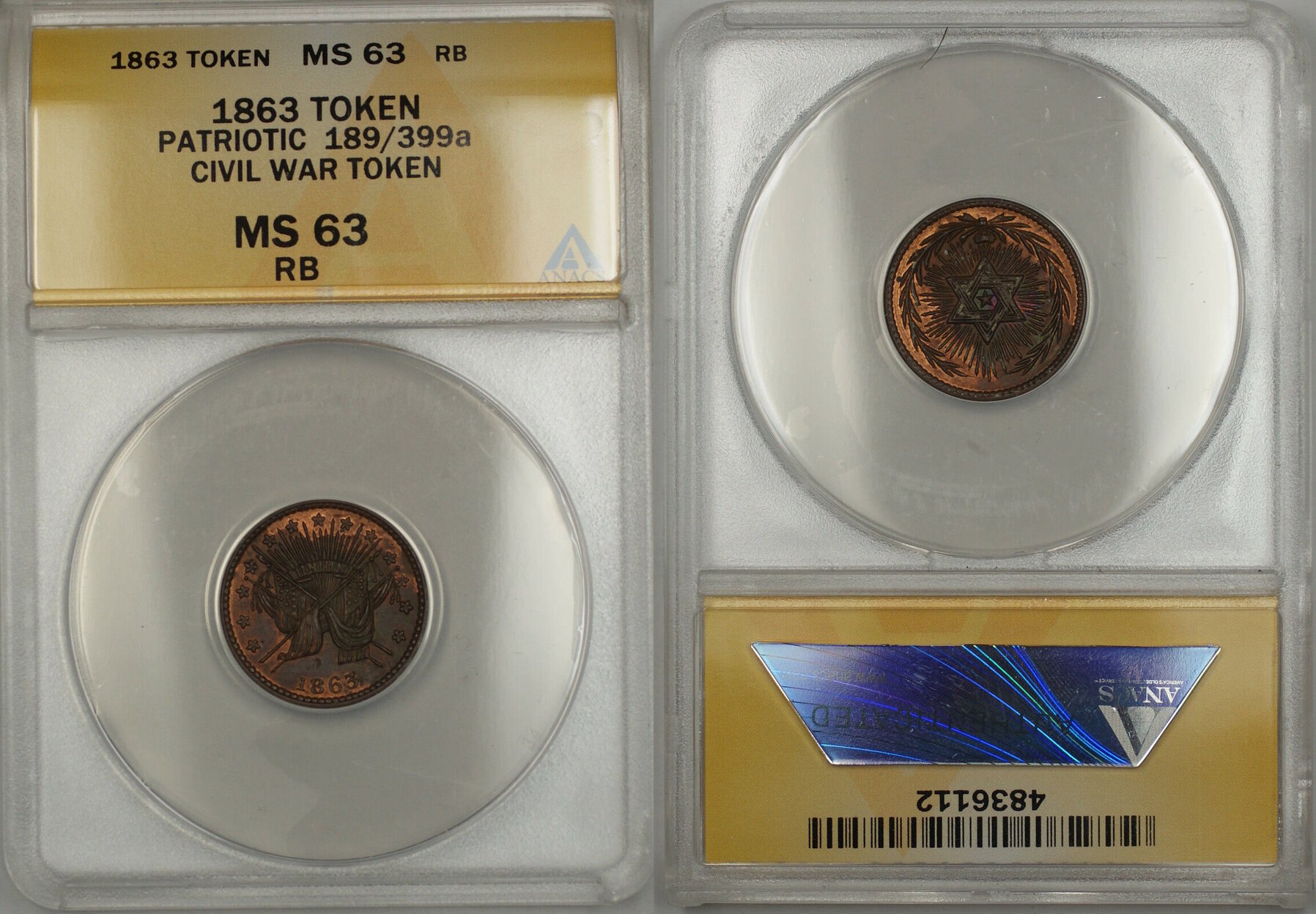 Exonumia Token 1863 Patriotic Civil War 189/399a ANACS MS-63 Red-Brown ...