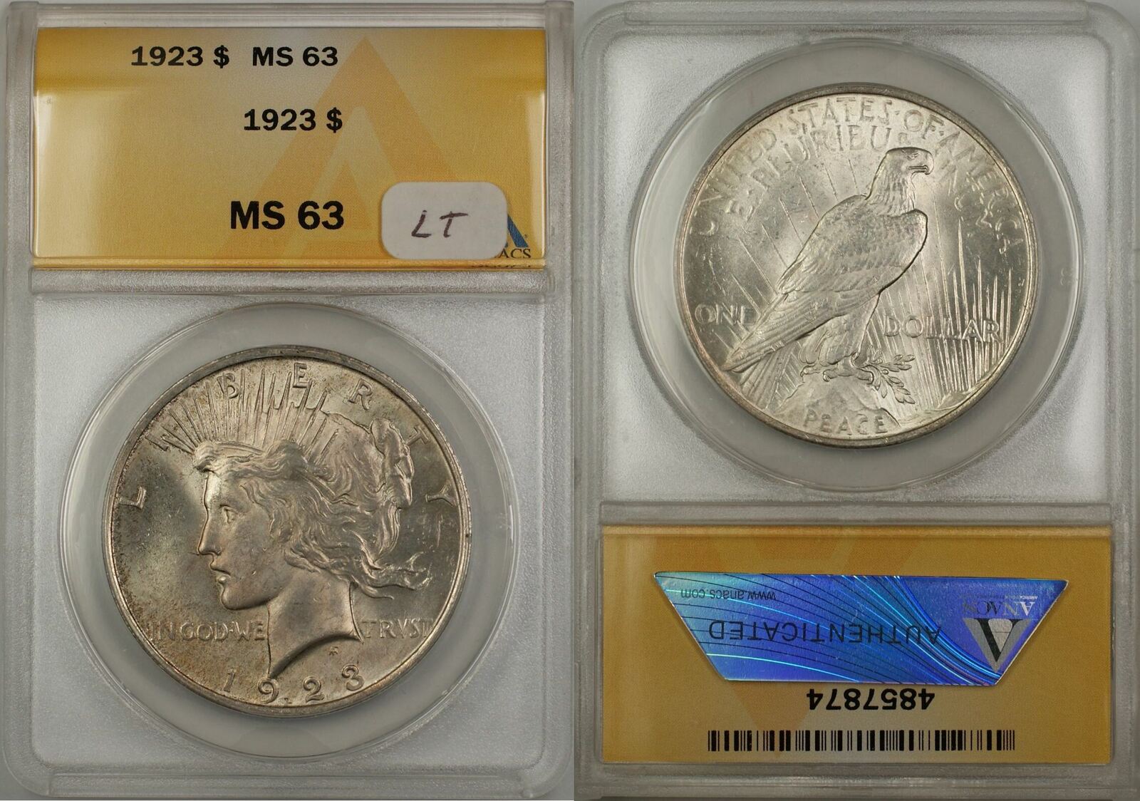 USA 1923 Peace Silver Dollar Coin $1 ANACS MS 63 Light Toning 1923 MS 63 Light Toning | MA-Shops