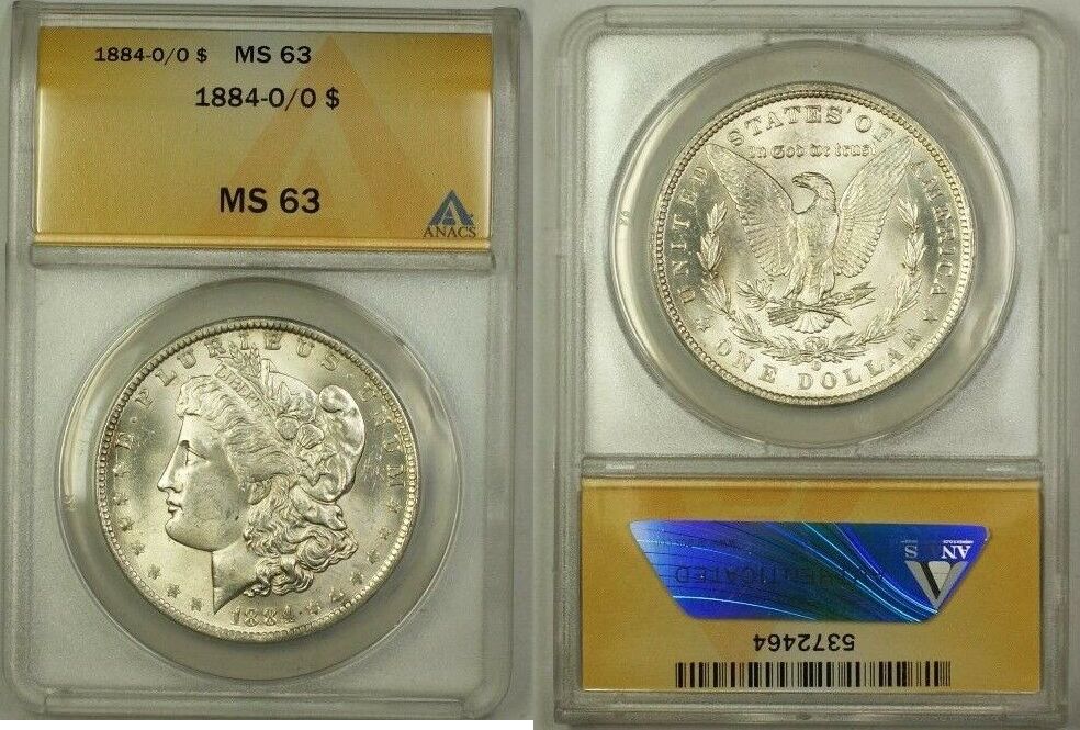 USA $1 Coin 1884-O/O Over Mint Mark Morgan Silver Dollar ANACS MS-63 (1c) | MA-Shops
