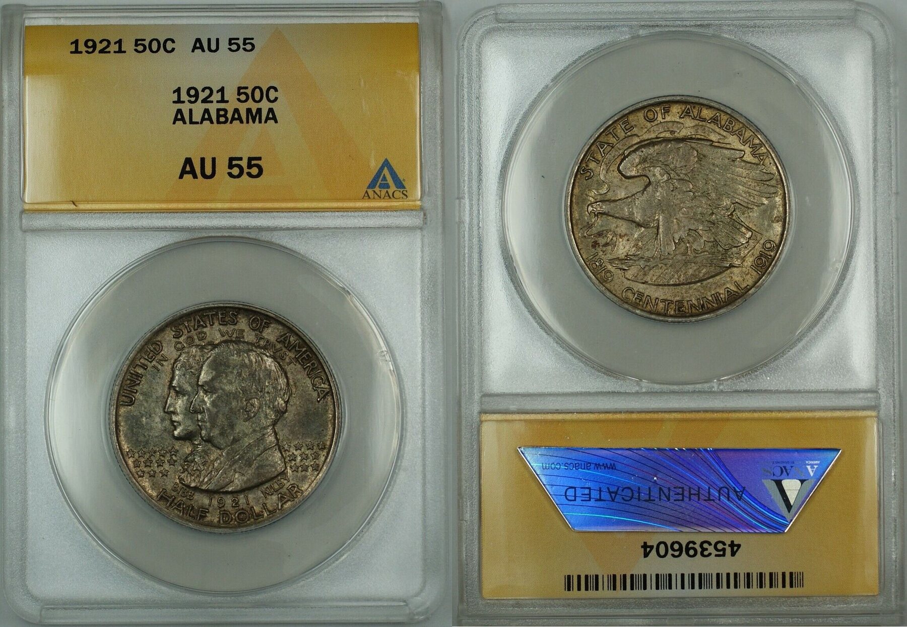 USA Half Dollar 1921 Alabama Commemorative Silver Coin ANACS AU-55 ...