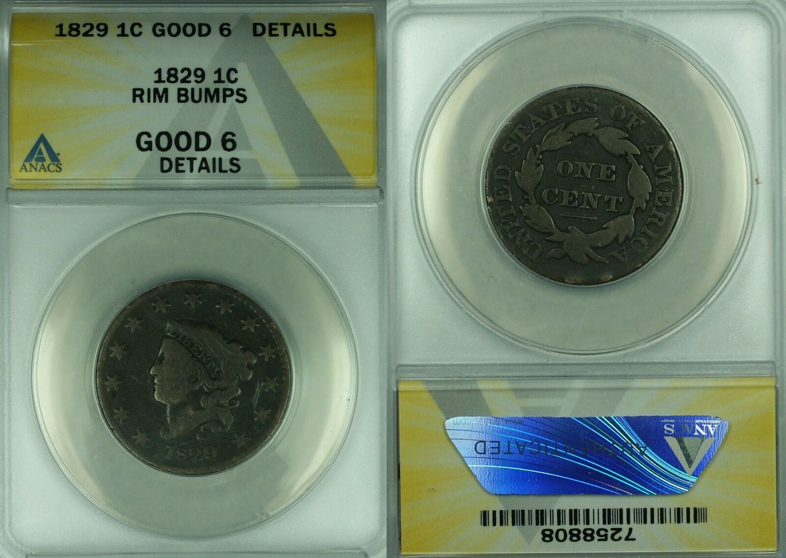 USA 1829 Coronet Head Large Cent ANACS GOOD-6 Details Rim Bumps (41 ...