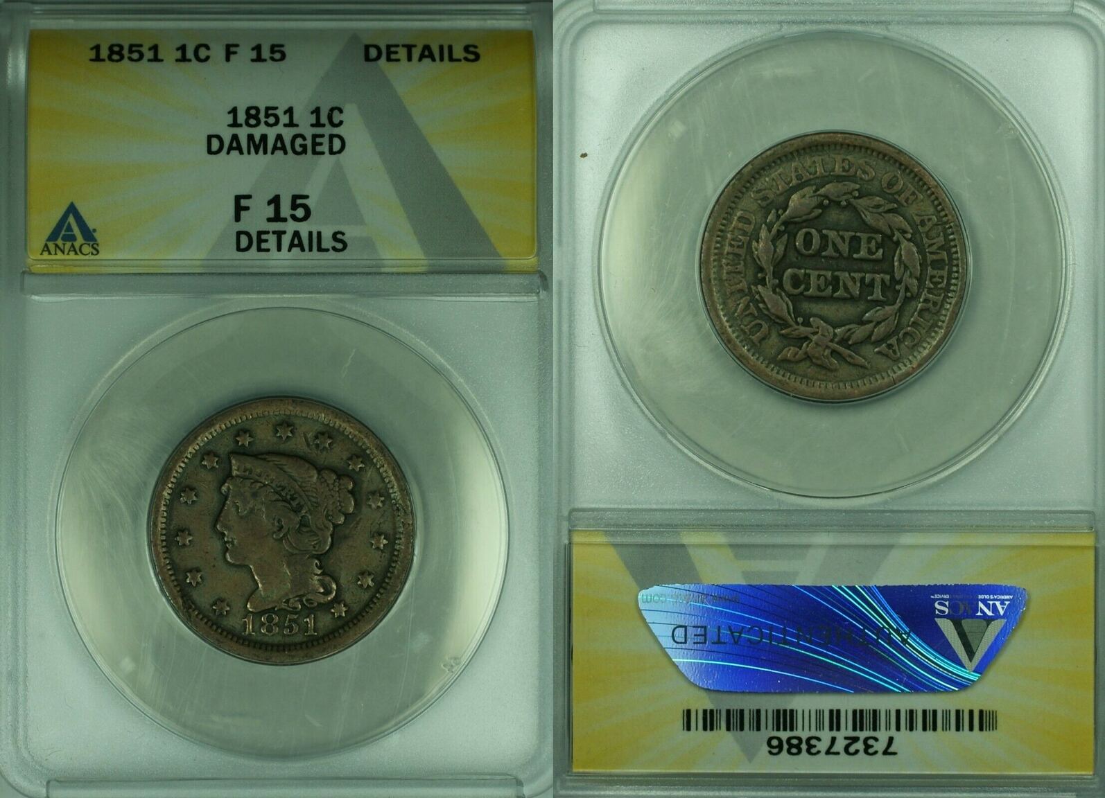 USA Large Cent 1851 Braided Hair ANACS F-15 Details Damaged (43) | MA-Shops