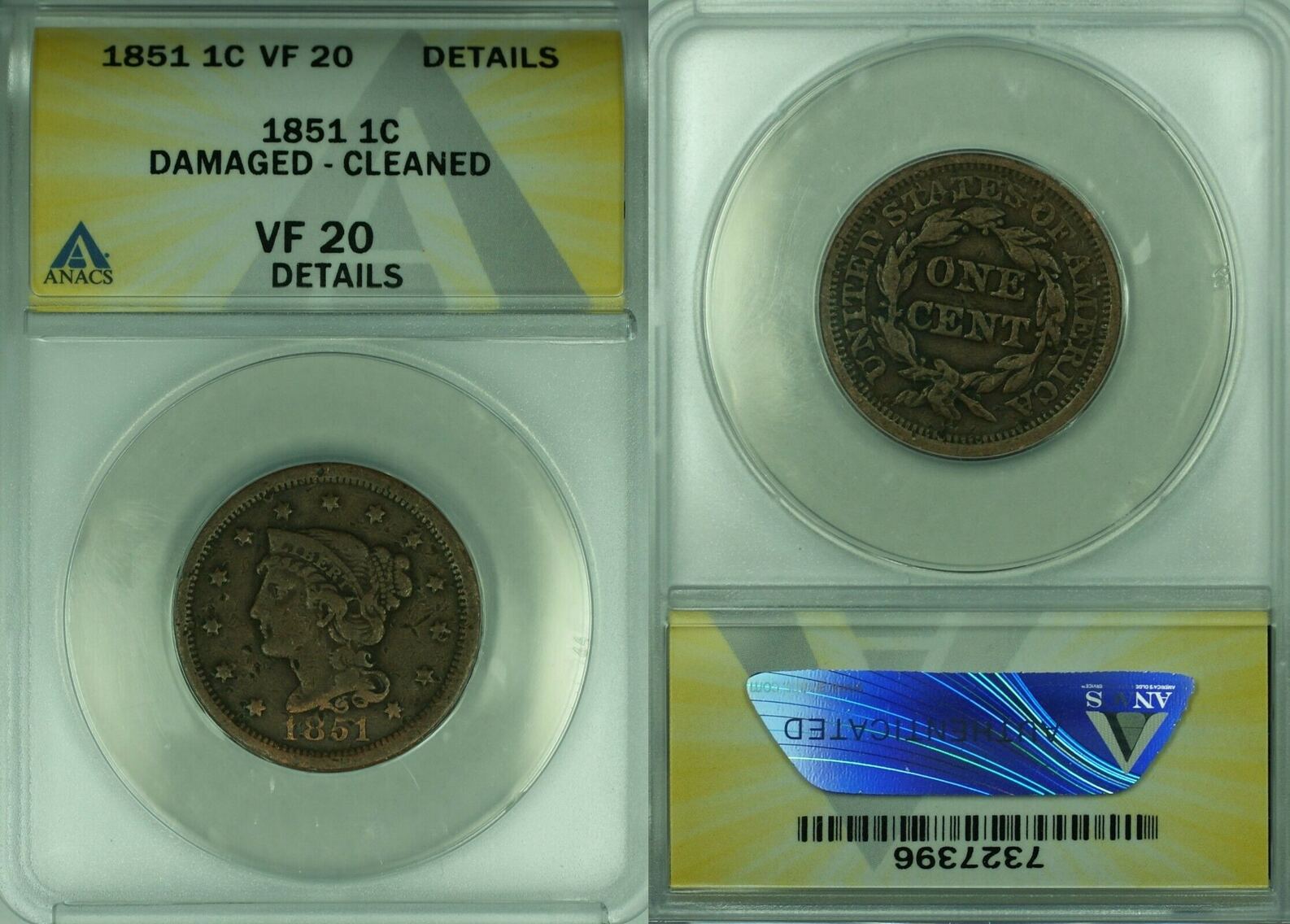 USA Large Cent 1851 Braided Hair ANACS VF-20 Details Damaged-Cleaned (43) | MA-Shops