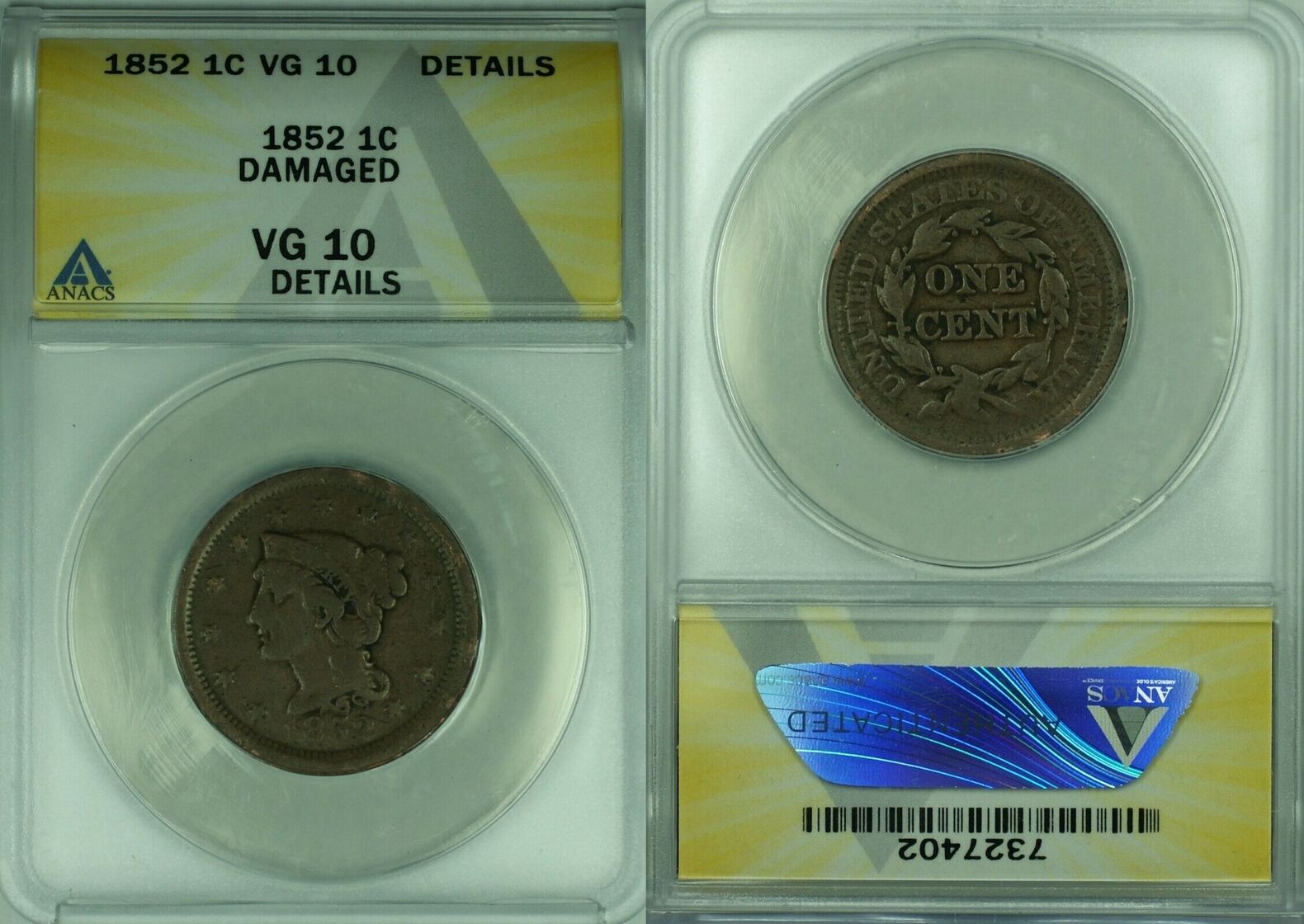 USA Large Cent 1852 Braided Hair ANACS VG-10 Details Damaged (43) | MA-Shops