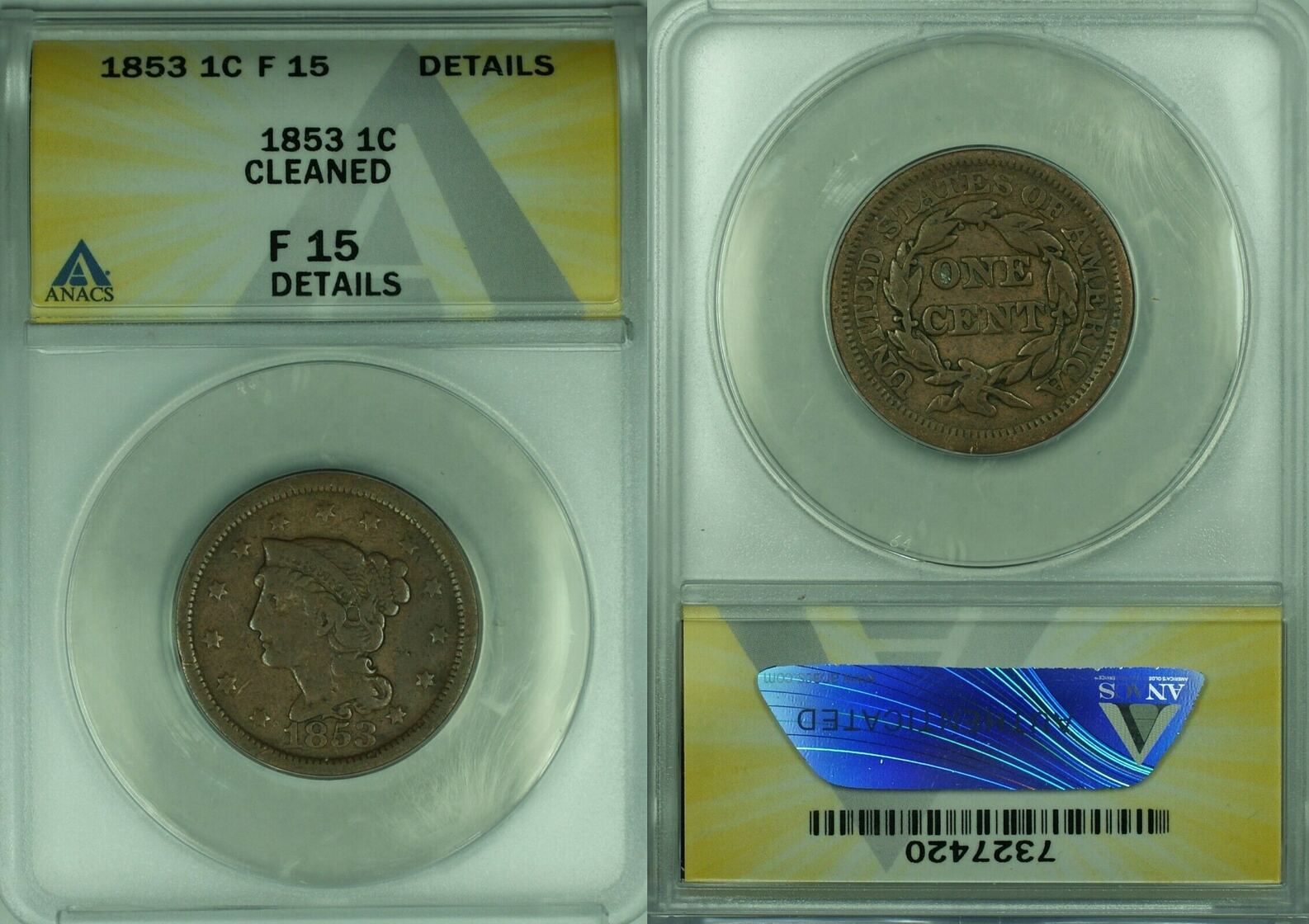USA Large Cent 1853 Braided Hair ANACS F-15 Details Cleaned (43) | MA-Shops