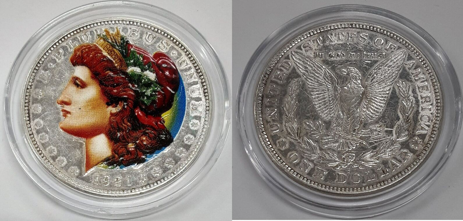 USA Dollar 1921-D Morgan Silver With Colorized Liberty in Capsule and ...
