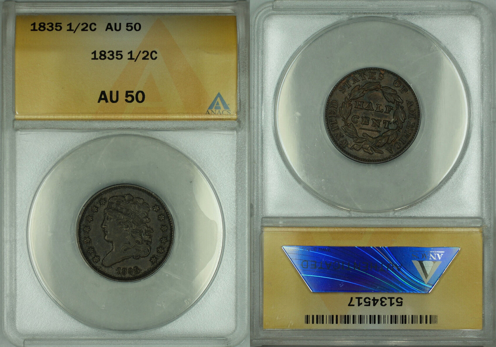 USA Half Cent 1835 Classic Head 1/2c ANACS AU-50 | MA-Shops