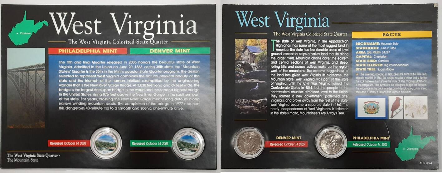 USA Quarter 2005 (2) West Virginia Colorized State P&D-BU-w/Colorful ...