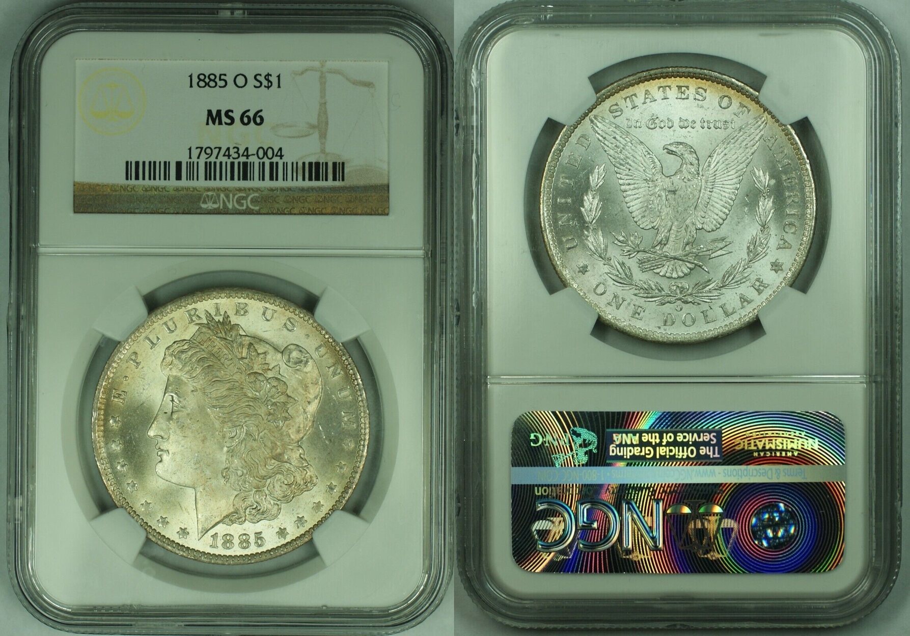 USA 1 Dollar 1885-O Morgan Silver $ Coin Lightly Toned NGC MS 66 (JG) | MA-Shops