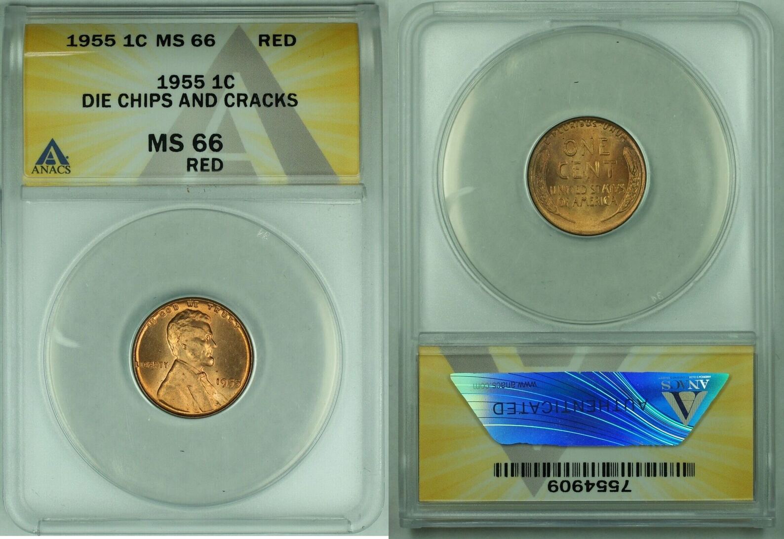 USA Cent 1955 Lincoln Wheat 1C Coin ANACS MS 66 RD-Die Chips & Cracks ...